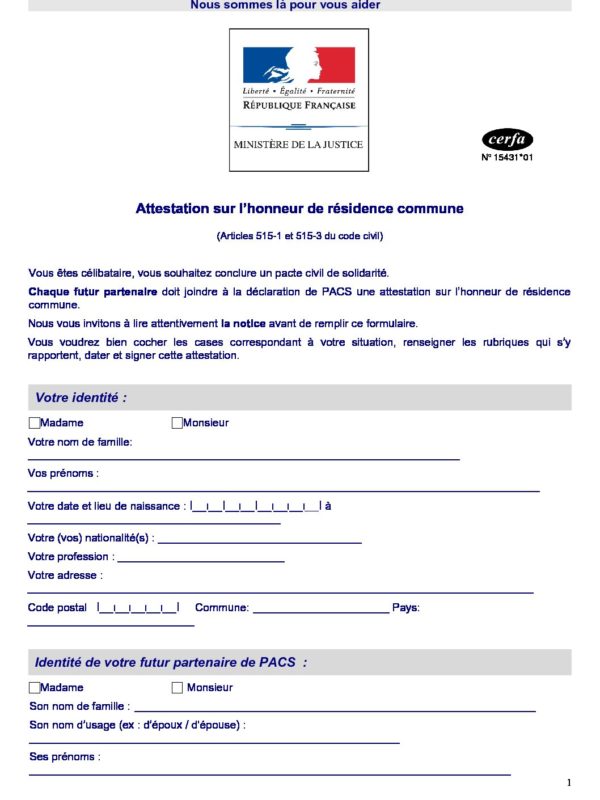 cerfa_15431-01 attestation sur l’honneur de résidence commune : Site de ...